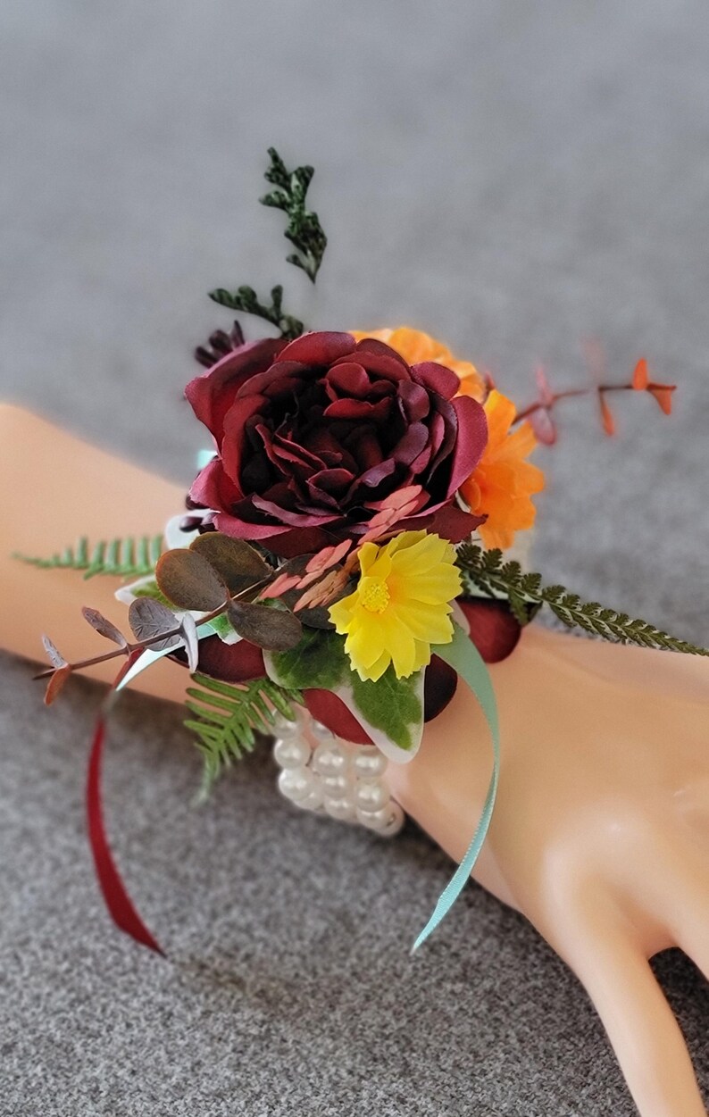 Autumn Colours Faux Flower Wrist Corsage: Pearl Bracelet, Fall Wedding ...