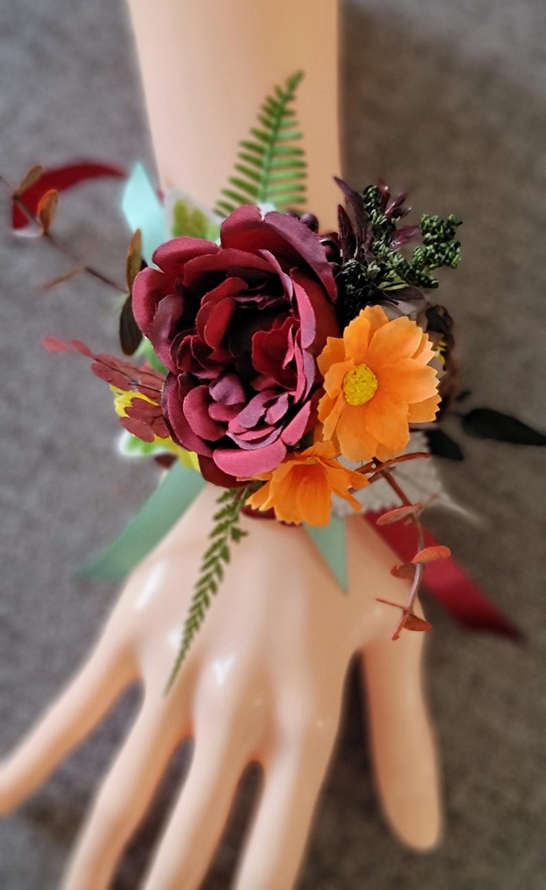 Autumn Colours Faux Flower Wrist Corsage: Pearl Bracelet, Fall Wedding ...