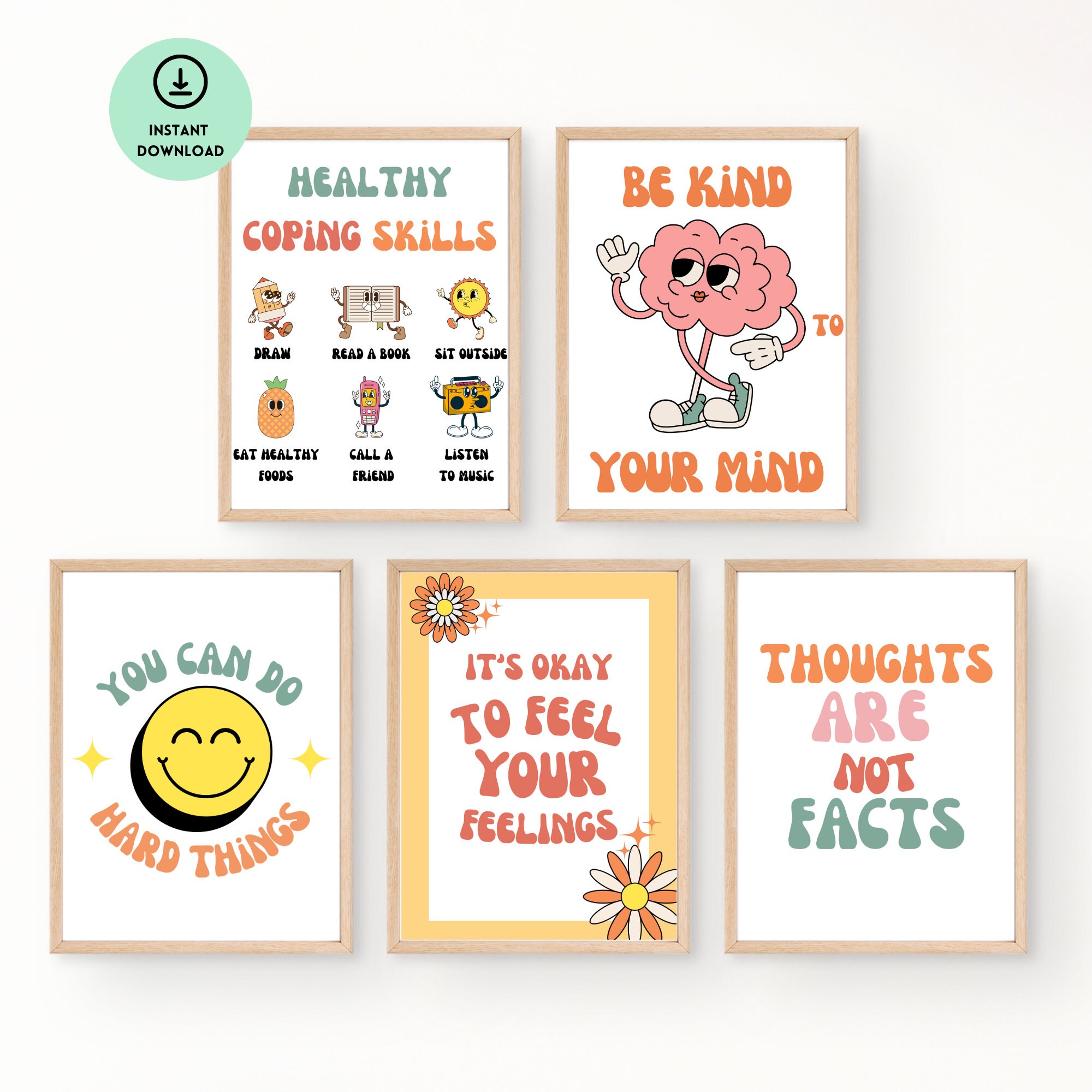 Retro Motivational Poster Bundle, 5 Mental Health Posters, Counseling ...