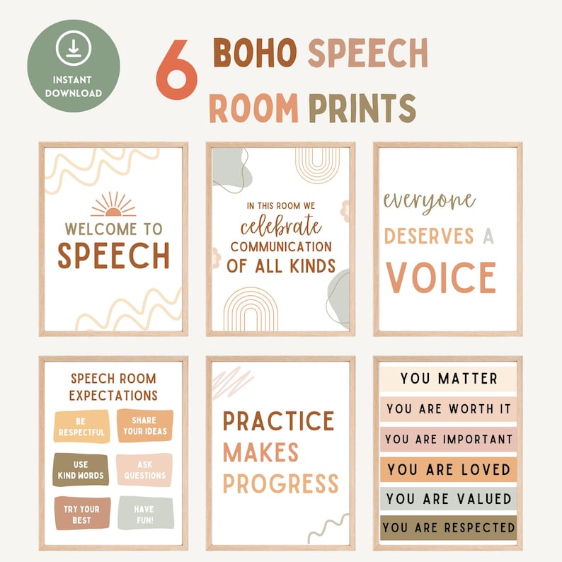 6 Boho Speech Room Posters, Speech Therapy Posters, Speech Classroom ...