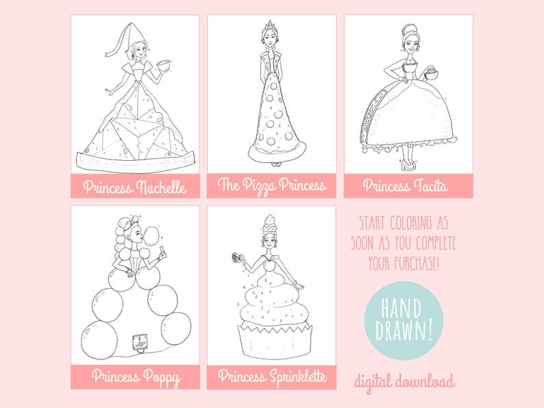 Hand Drawn Party Princess Coloring Pages for Teens, Adults, Children ...