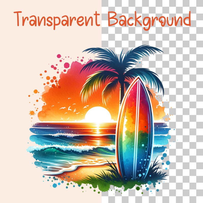 Watercolor Beach PNG, Watercolor Surfboard Clipart for T-shirts, Summer ...