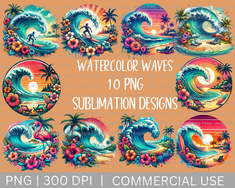 Ocean Clipart Bundle, Wave Clipart, Beach Designs for Sublimation ...