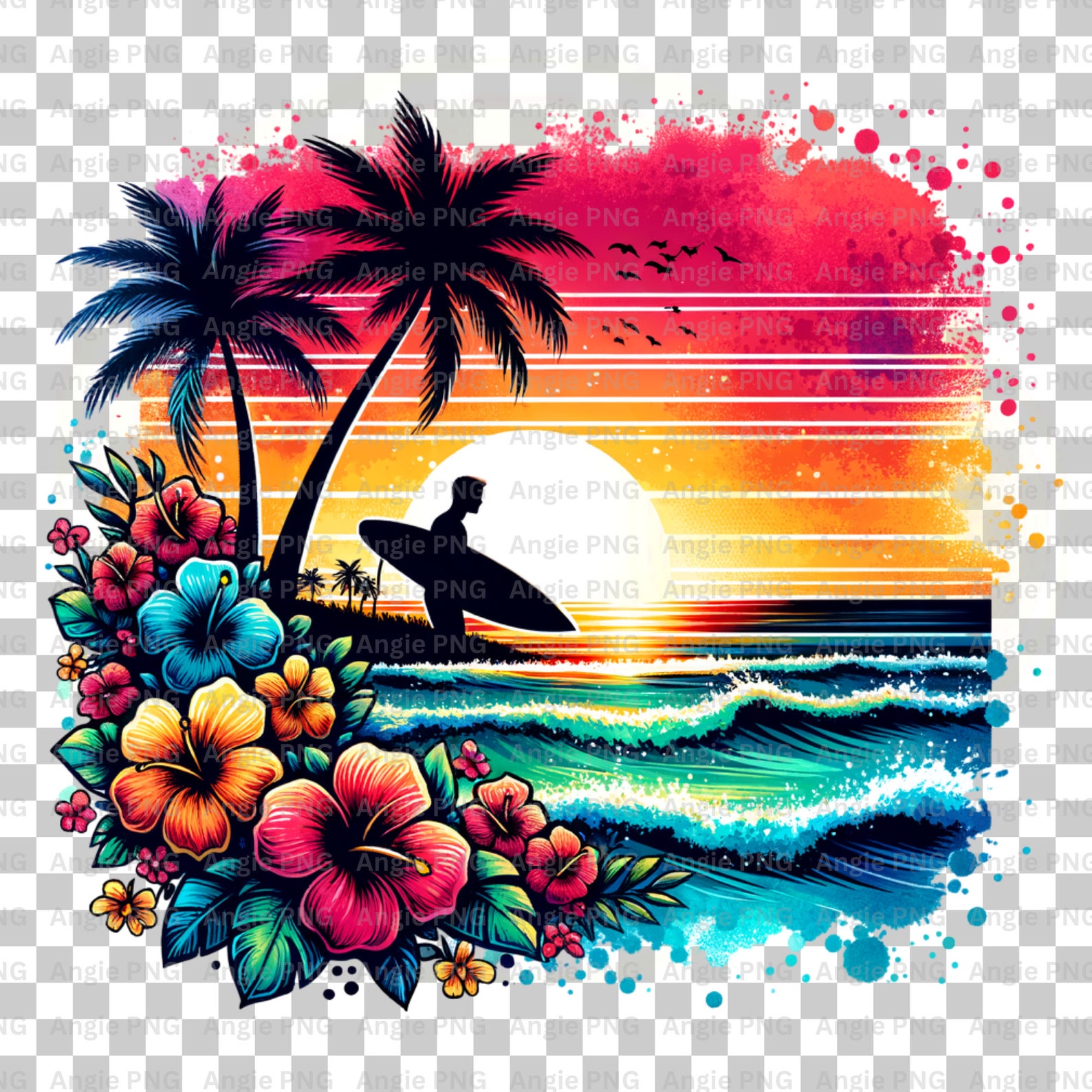 Watercolor Beach Clipart, Retro Surfer Clipart, Summer PNG, Sublimate ...