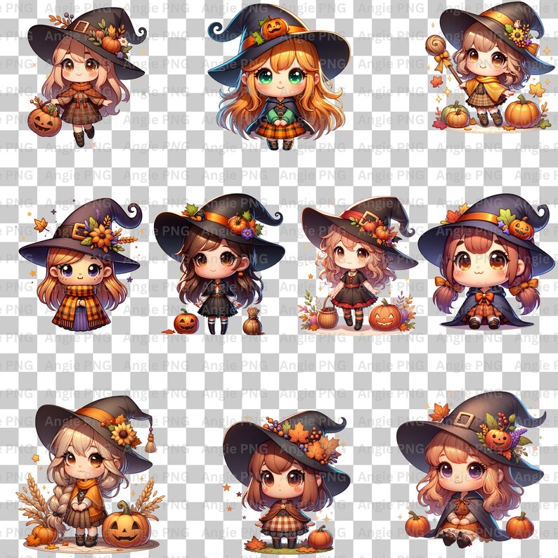 Cute Little Witch PNG Clipart Bundle, Halloween PNG, Kawaii Witch PNG ...