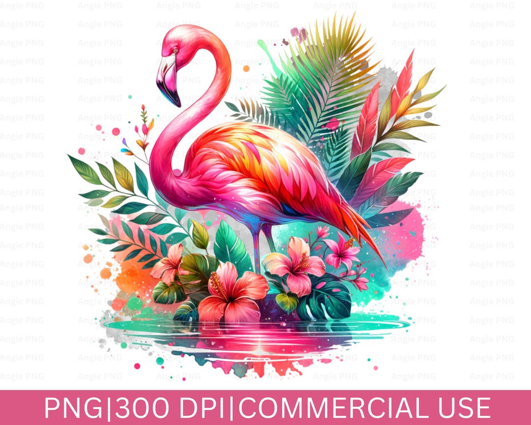 Tropical Flamingo PNG, Hibiscus, Palm Leaves Clipart, Digital Download ...