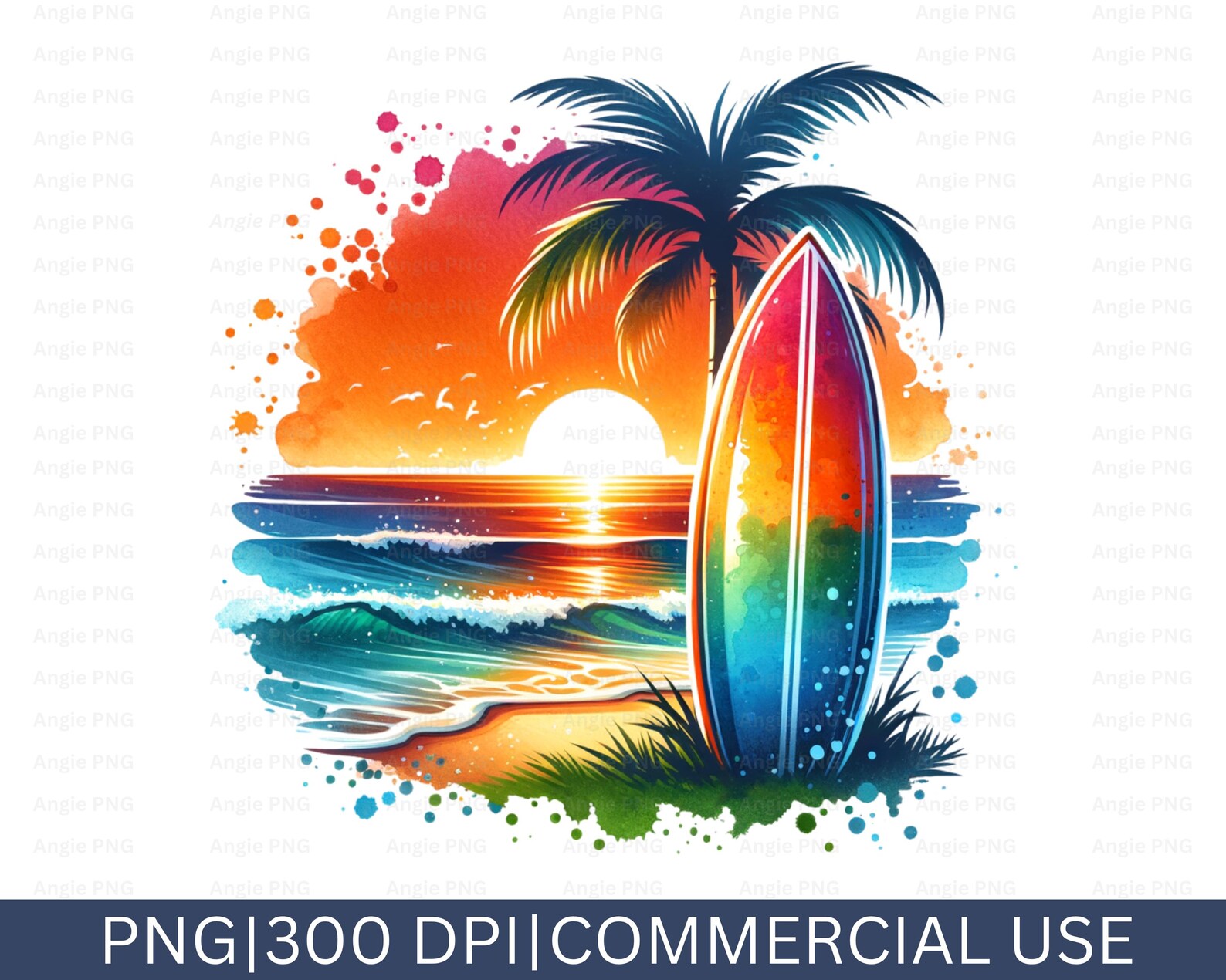 Watercolor Beach PNG, Watercolor Surfboard Clipart for T-shirts, Summer ...