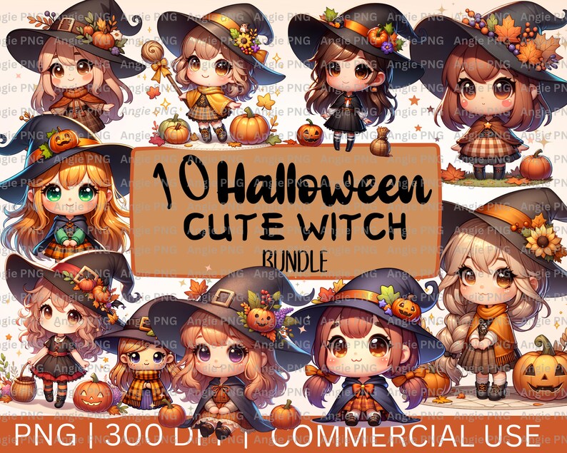 Cute Little Witch PNG Clipart Bundle, Halloween PNG, Kawaii Witch PNG ...
