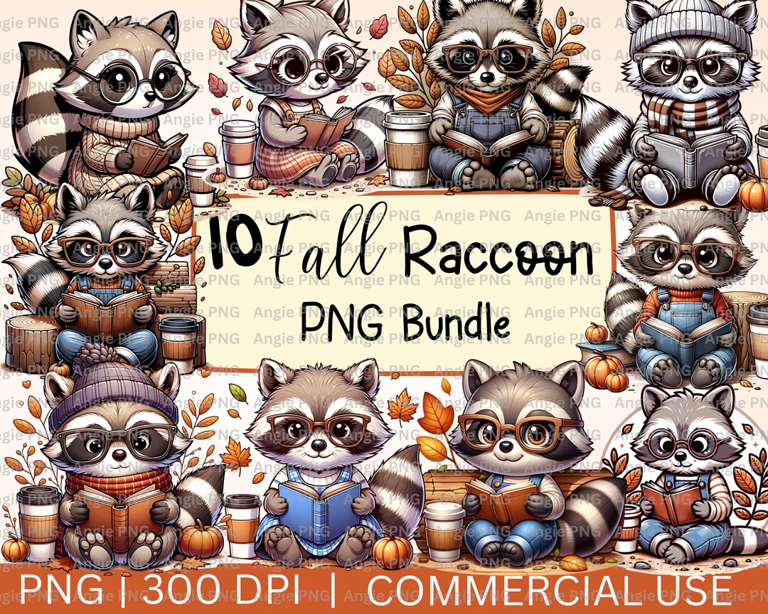 Fall Raccoon Clipart Bundle, Woodland Animal Autumn PNG, Digital ...