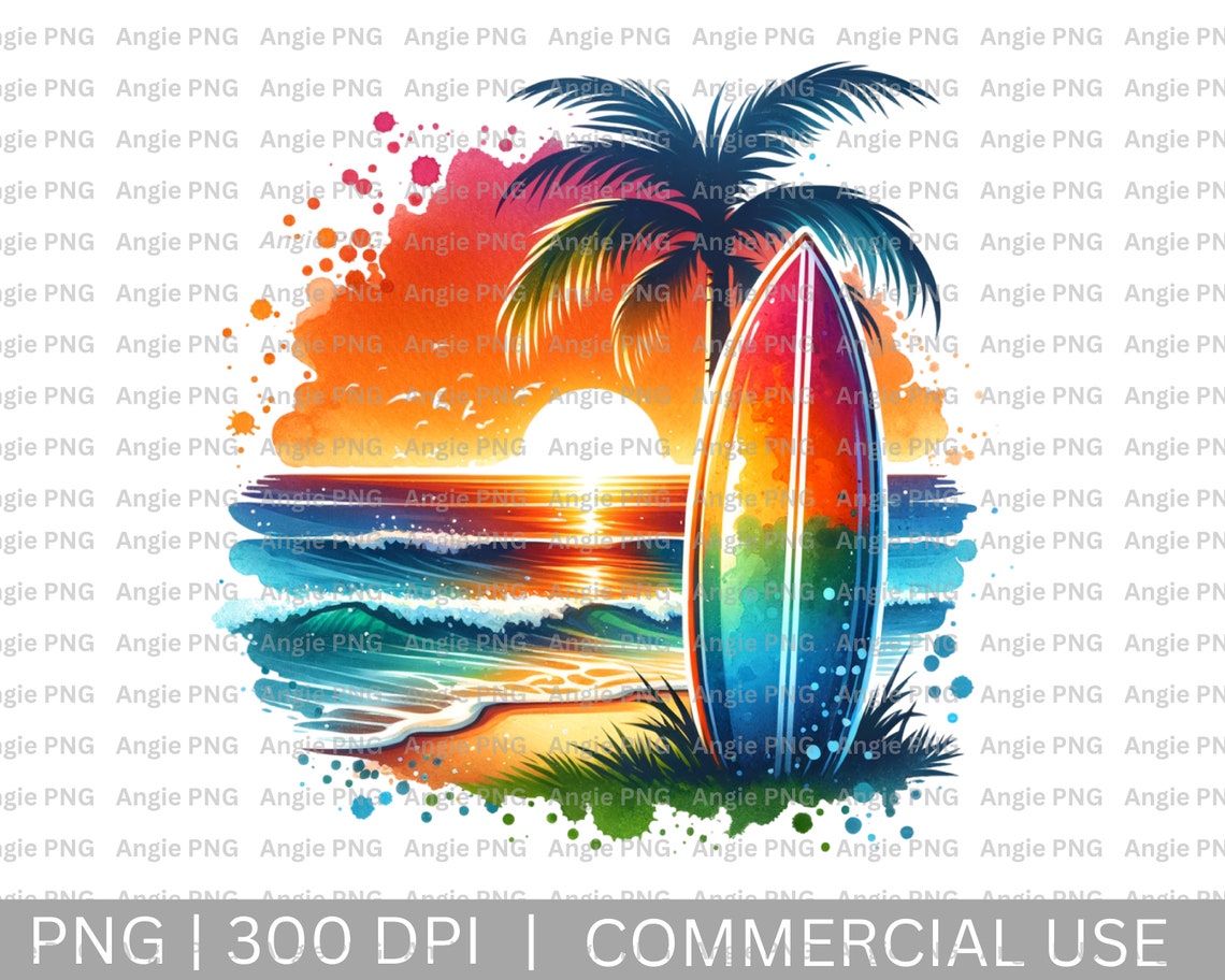 Watercolor Beach PNG, Watercolor Surfboard Clipart for T-shirts, Summer ...