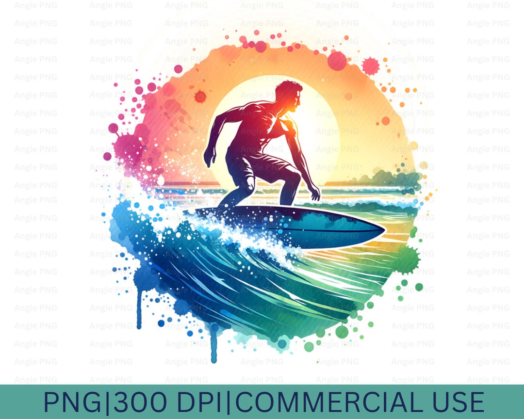 Ocean Sunset Clip Art, Watercolor Surfboard Clipart for T-shirts ...