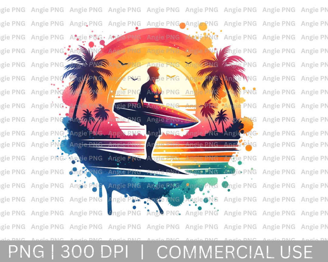Ocean Sunset Clip Art, Watercolor Surfboard Clipart for T-shirts ...