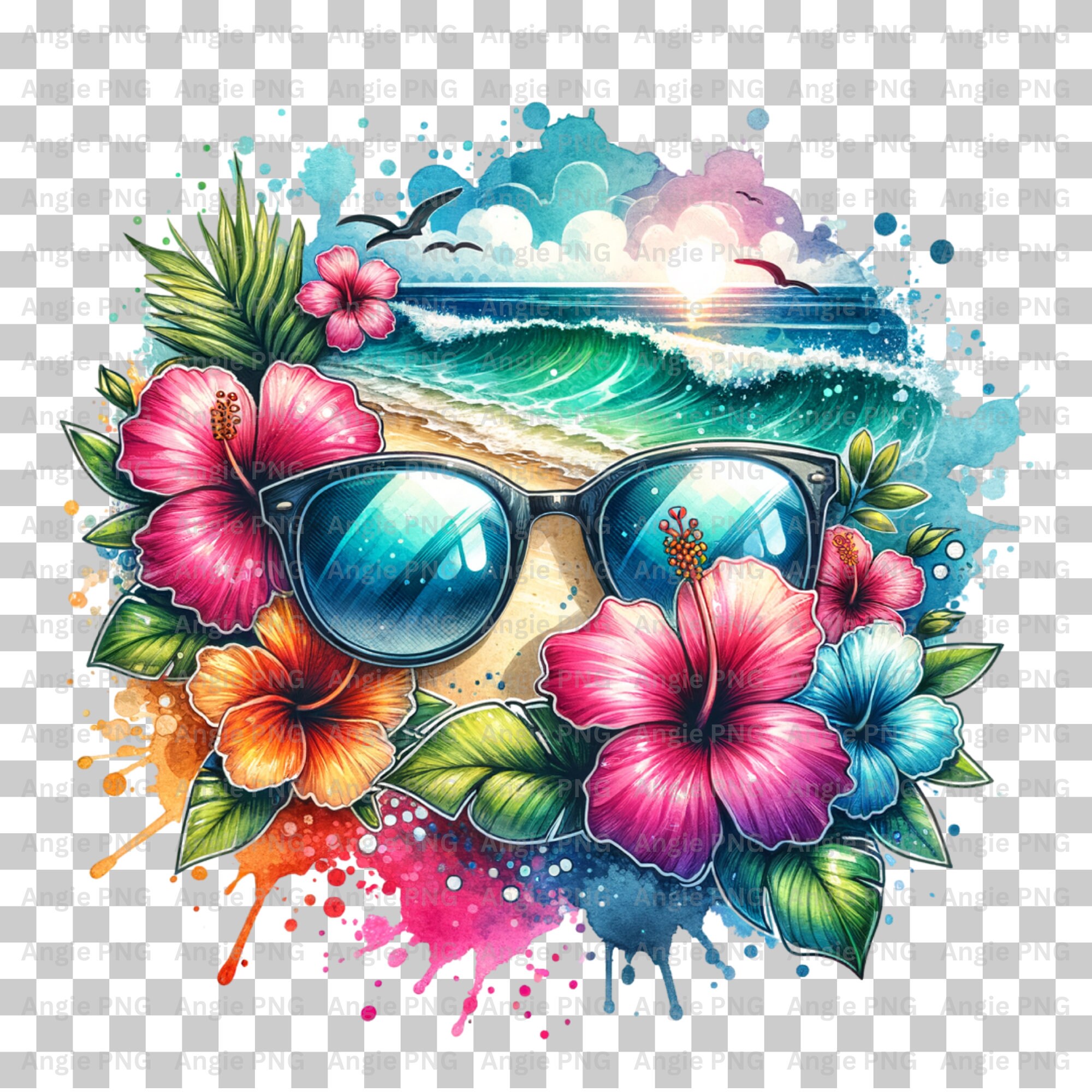 Watercolor Beach Clipart Bundle, Watercolor Summer PNG, Sunset ...