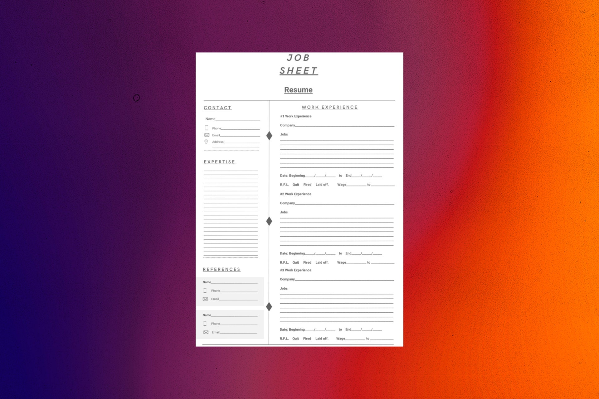 Job Sheets, Resume, Employee Sheet, Printable, Digital Download. - Etsy