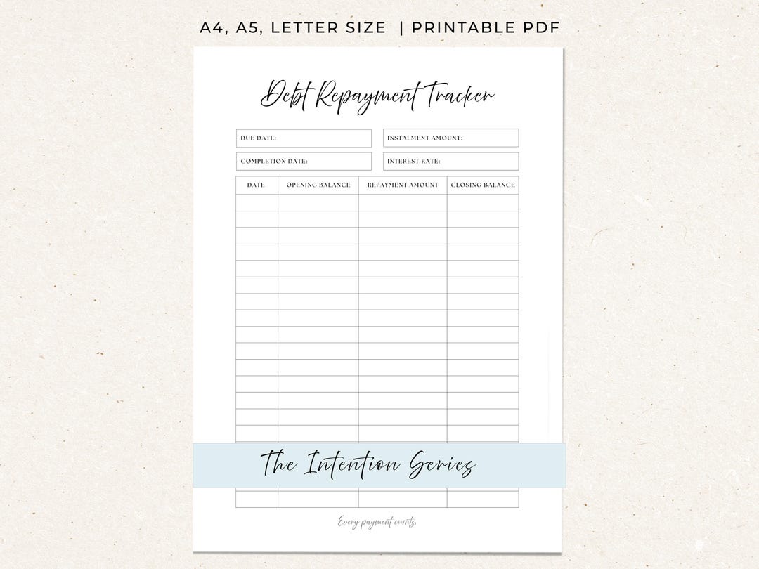 Debt Repayment Tracker Printable Template | Planner Insert – Intention ...