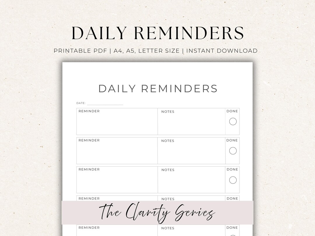 Printable Daily Reminders Planner – Clarity Series – (A4 • US Letter ...