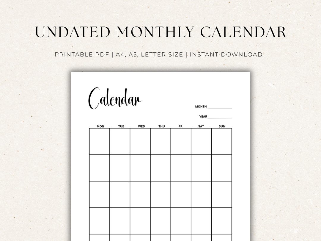 Printable Monthly Undated Calendar | Undated Planner (A4 • US Letter ...