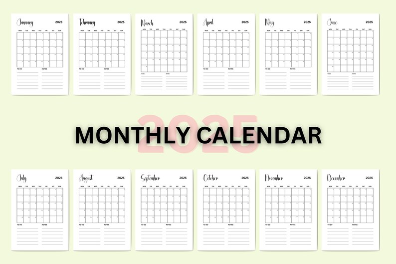 12 Month Dated 2025 Calendar Template, Monthly Calendar, Dated Calendar ...