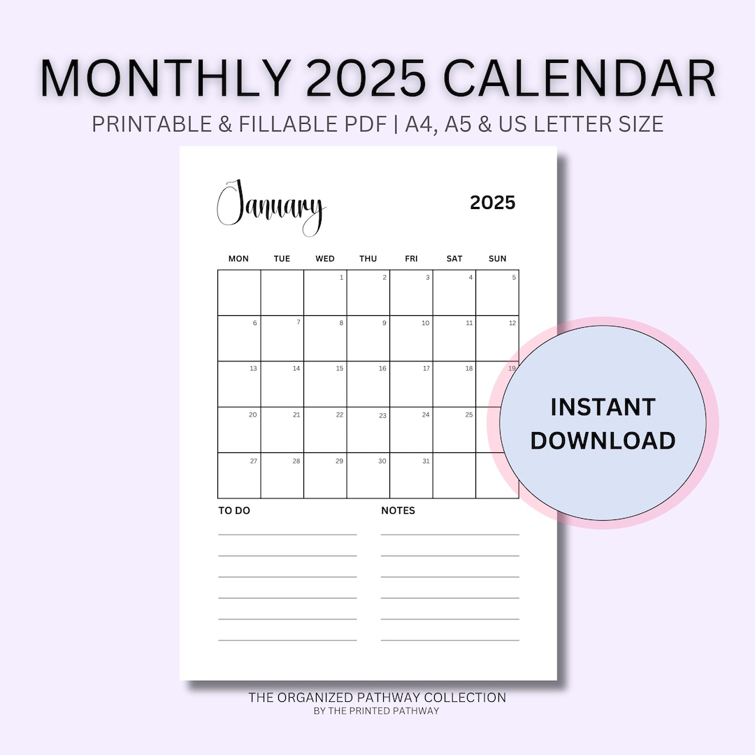 12 Month Dated 2025 Calendar Template, Monthly Calendar, Dated Calendar ...