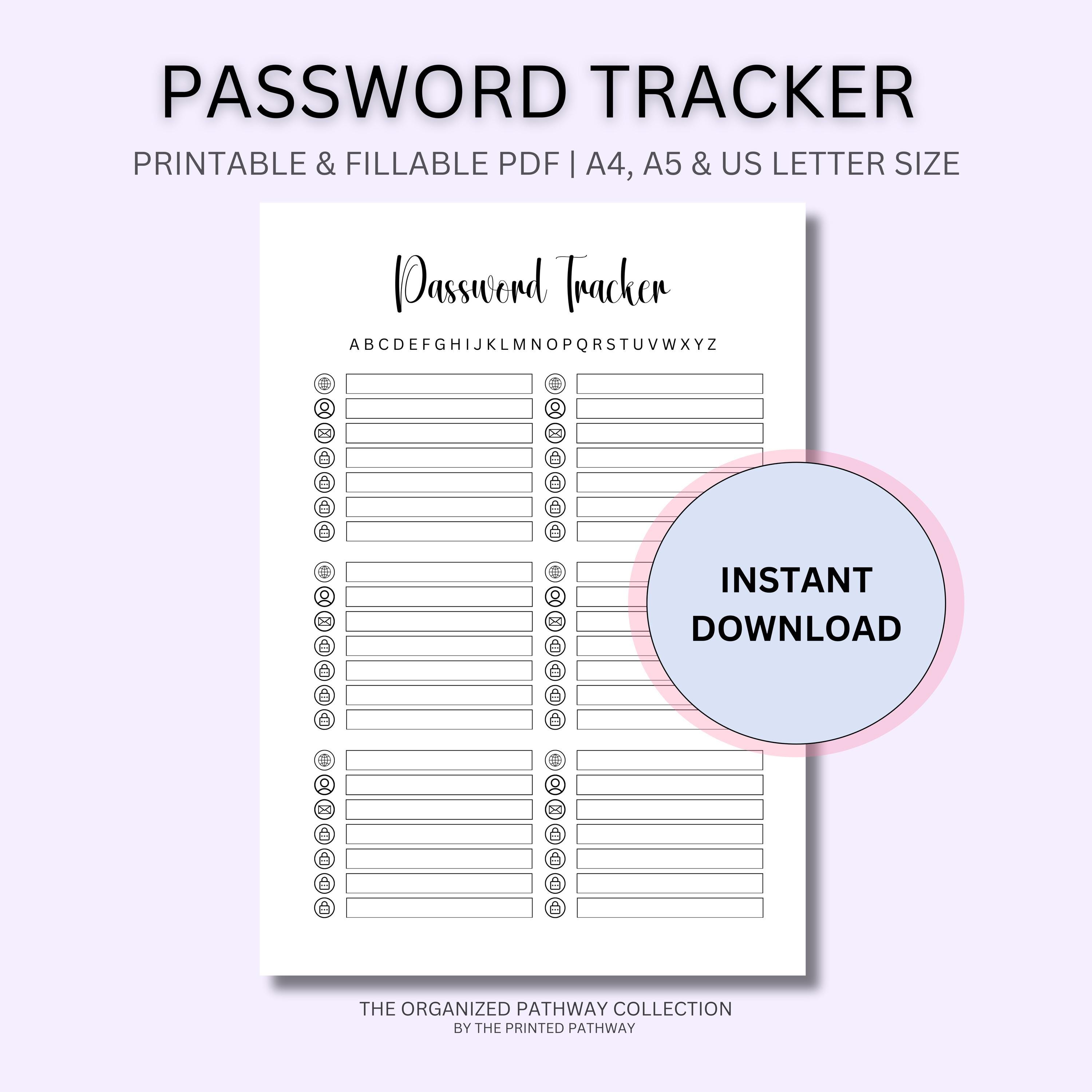 Password Tracker Printable, Fillable, Password Log, Password Manager ...