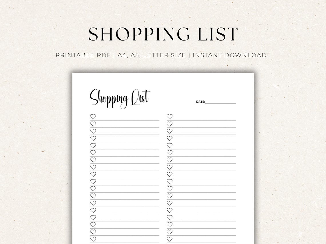 Printable Shopping List Template: Minimalist Grocery Planner ( A4/A5/US ...