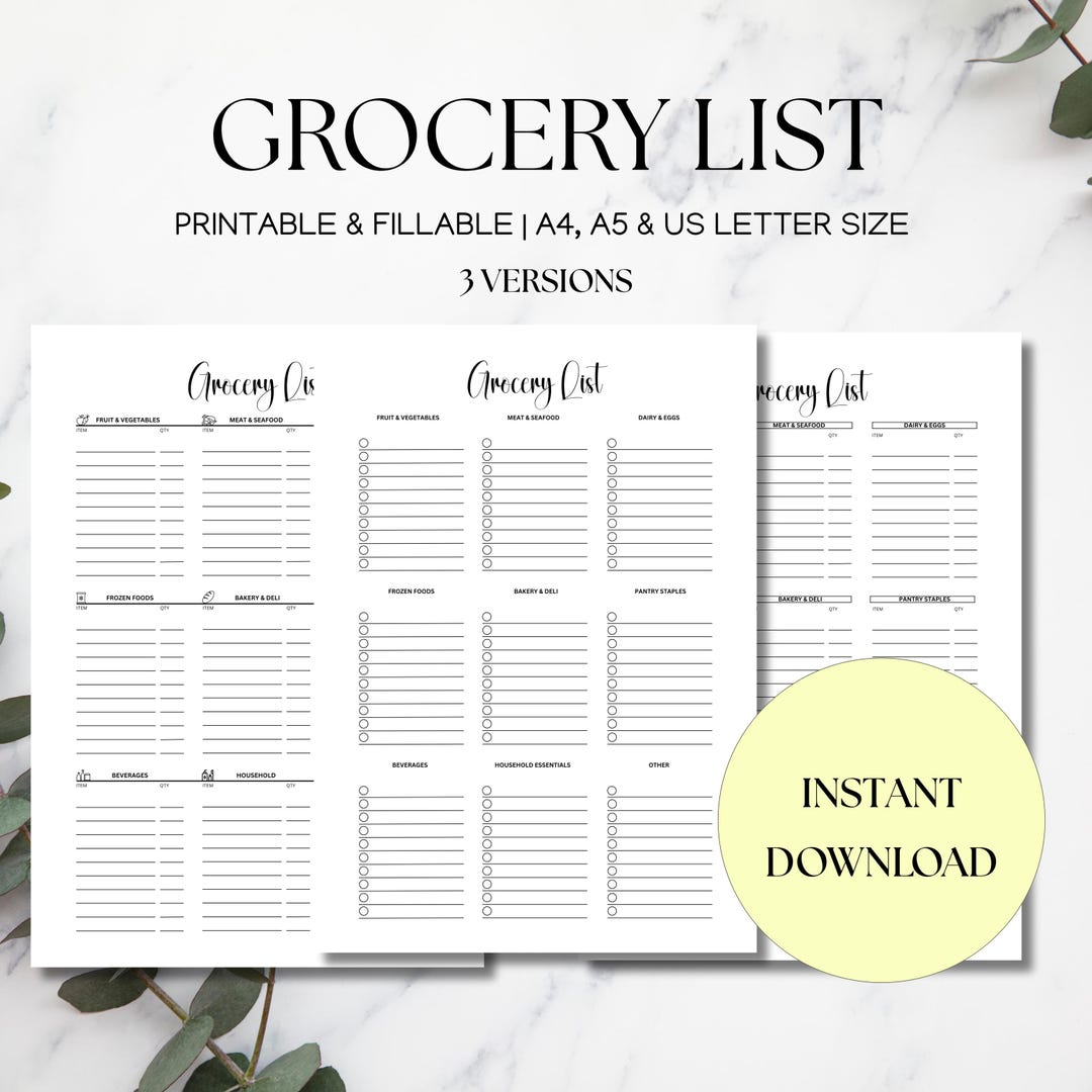 Grocery List Printable PDF Fillable Grocery Template Checklist Shopping ...