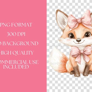 Coquette Pink Bow Fox Png - Watercolor Fox Graphic - Baby Fox PNG Cute ...