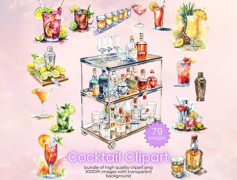Summer Cocktail Clipart Set 79 Watercolor Cocktails Pngs Bar Mixology ...