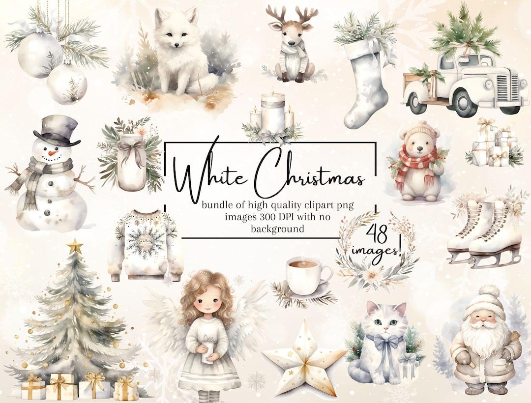 White Christmas Clipart Bundle 48 Vintage Holiday Pngs Winter ...
