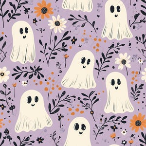 Seamless Halloween Wildflower Ghosts Pattern - Cute Ghost Floral ...