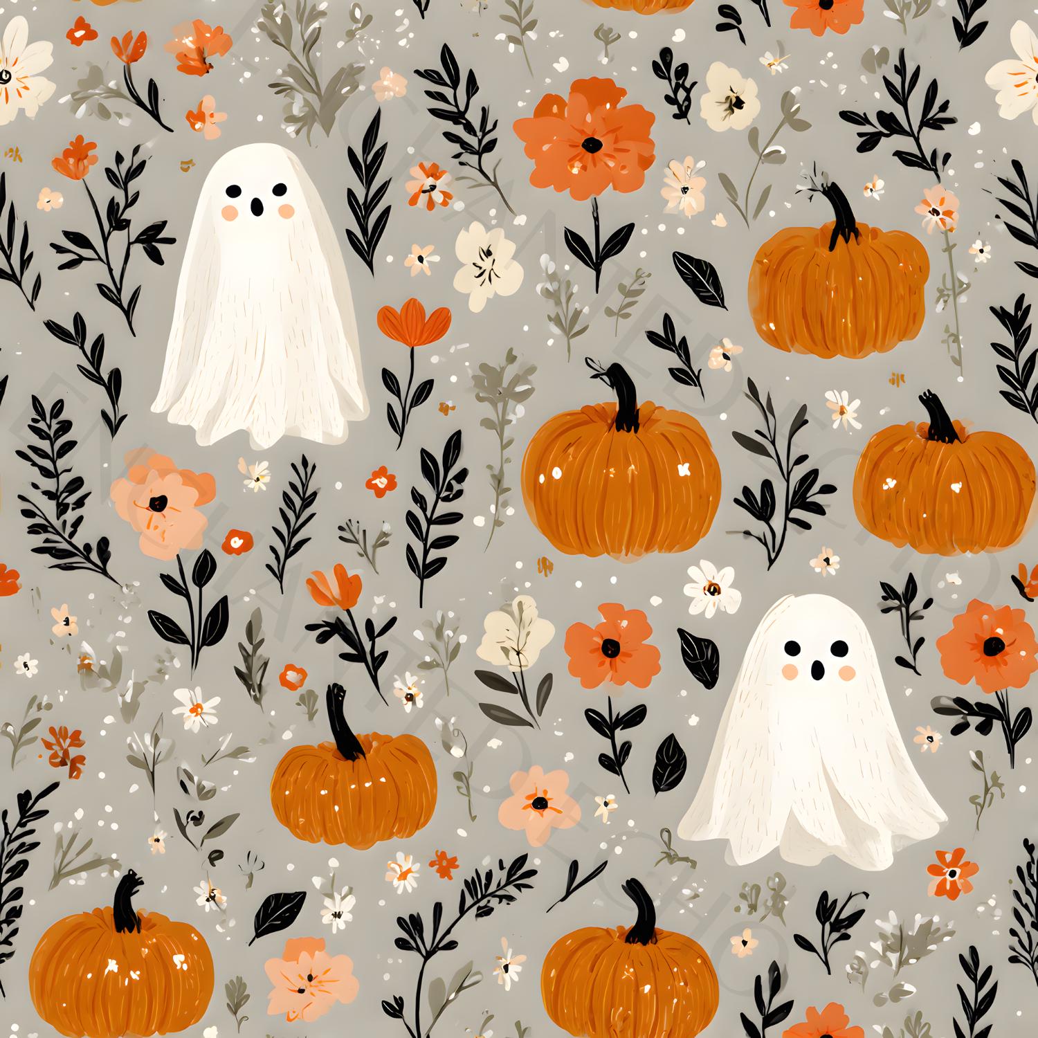 Halloween Ghosts Wildflower Seamless Pattern - Repeating Ghost Floral ...