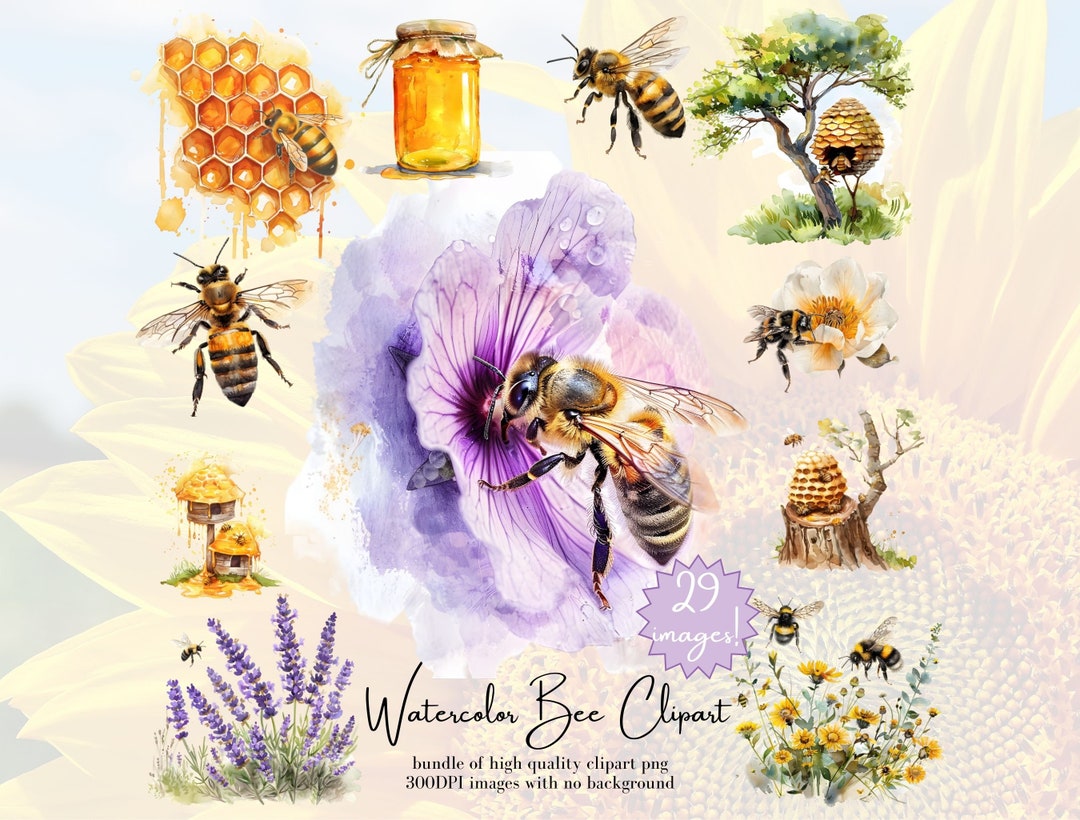 Watercolor Bee Clipart Beekeeper Pollen Flowers Garden Beehive ...