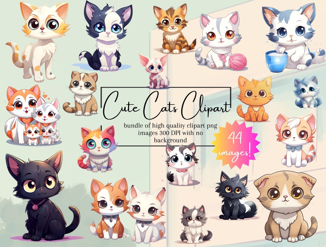 Cat Clipart Bundle Cute Cats Clipart 44 Png Set 300 DPI Commercial Use ...