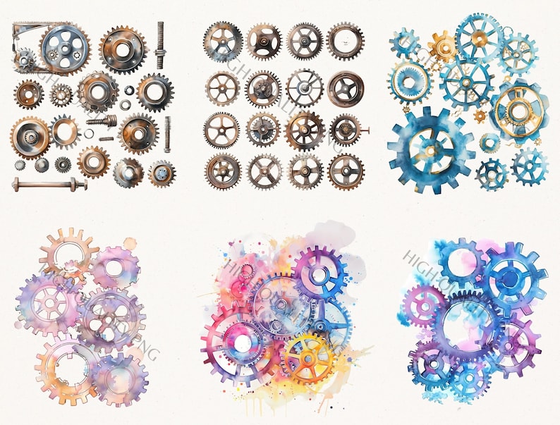 Colorful Gears Clipart Bundle - Mechanical Gear PNG Pack - Steampunk ...