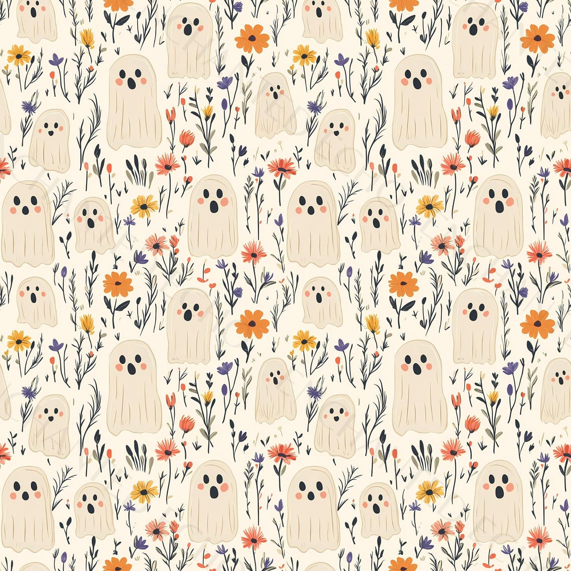 Seamless Halloween Wildflower Pattern Cute Ghost Floral Seamless ...