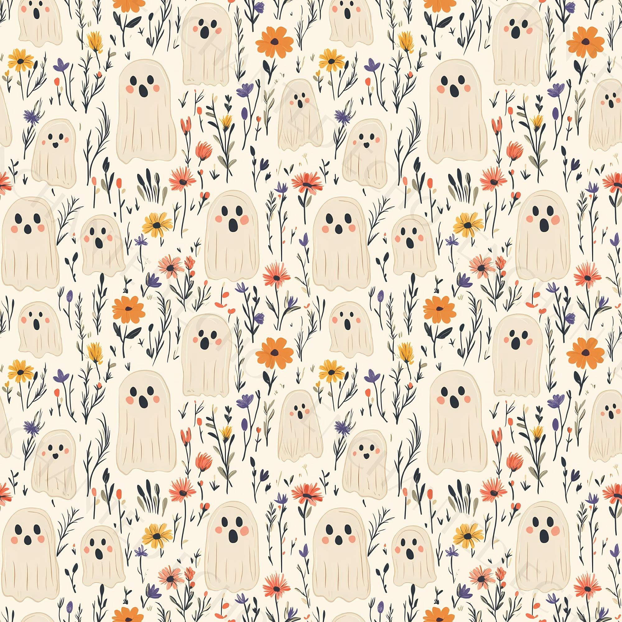Seamless Halloween Wildflower Pattern Cute Ghost Floral Seamless ...