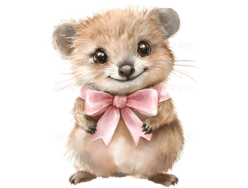 Watercolor Baby Quokka PNG: Australian Safari Animal Clipart - Pink Bow ...