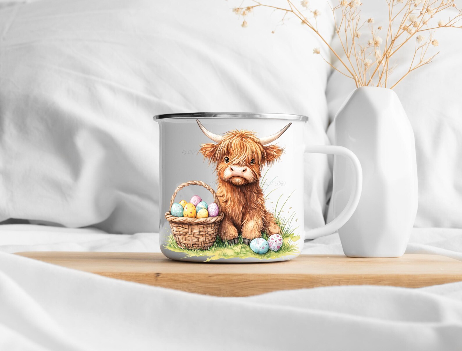 Easter Basket Highland Cow Png - Watercolor Baby Calf Easter Eggs ...