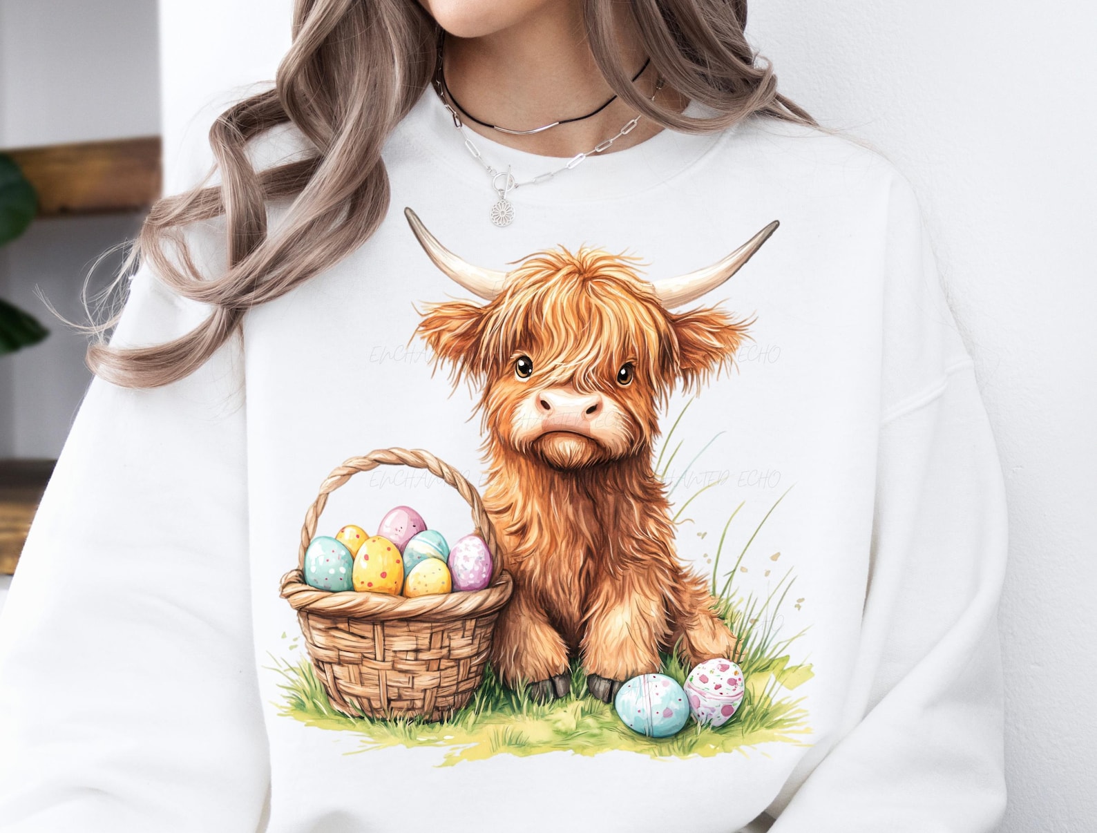 Easter Basket Highland Cow Png - Watercolor Baby Calf Easter Eggs ...