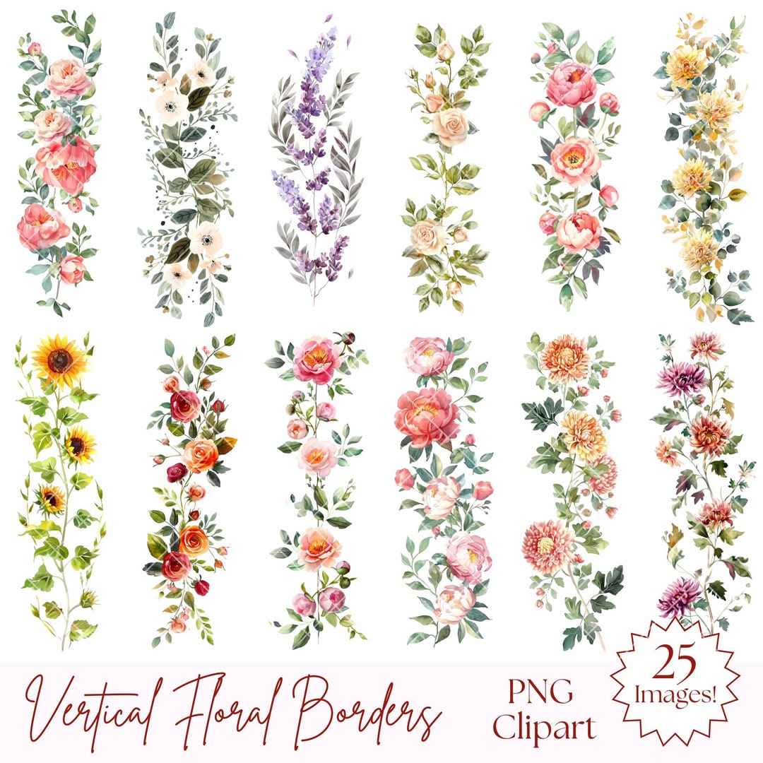 Vertical Floral Borders PNG - Watercolor Frame Clipart - 25 Flower ...