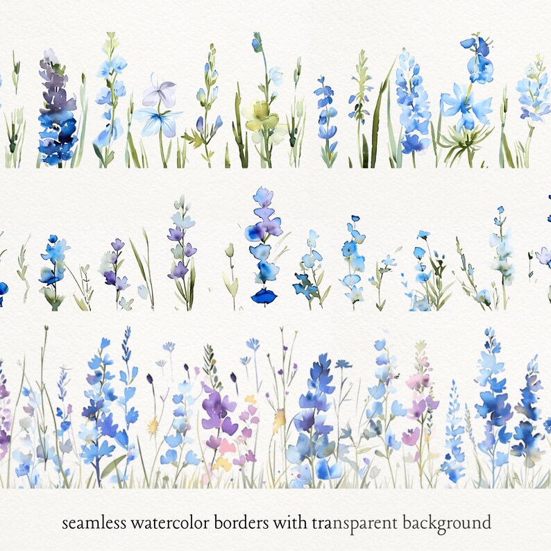 Dusty Blue Wildflower Clipart Borders Bunches Watercolor Wildflower ...
