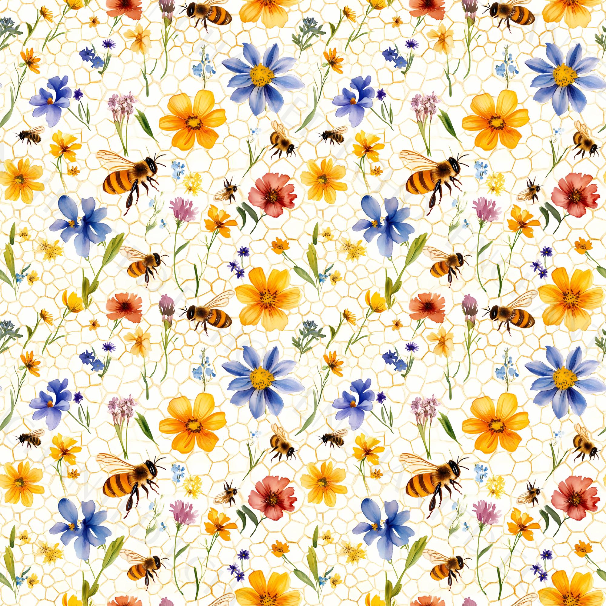 Seamless Wildflower Bee Pattern Bees With Honeycomb JPG Pattern ...