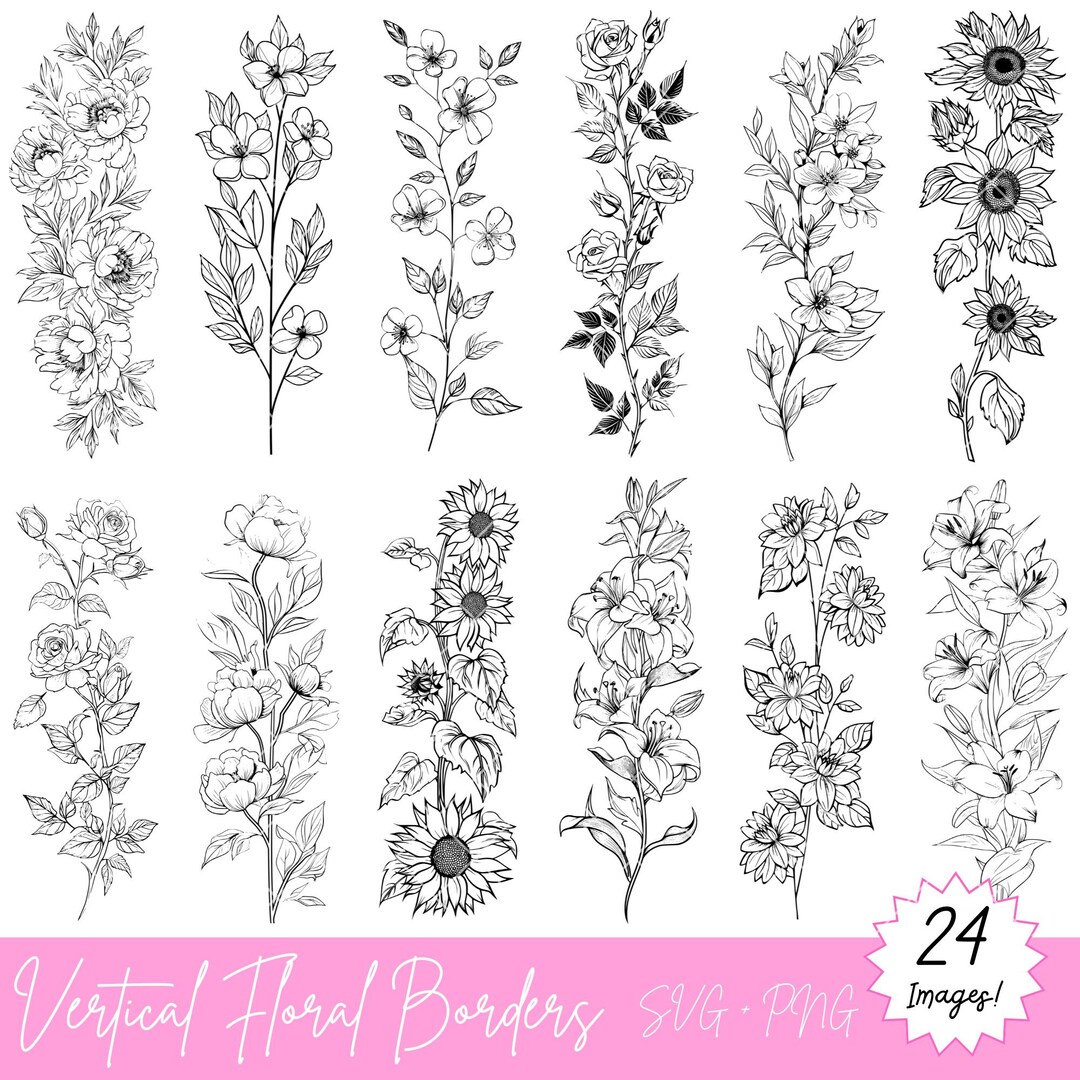 Vertical Floral Borders SVG & PNG Bundle 24 Flower Images, 48 Total ...
