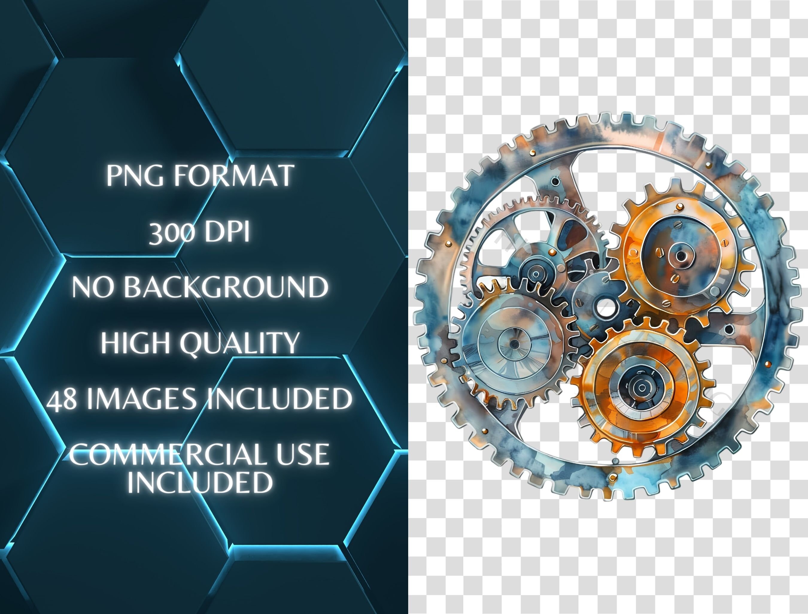 Colorful Gears Clipart Set - 48 Watercolor Gear Pngs - Mechanical Gear ...