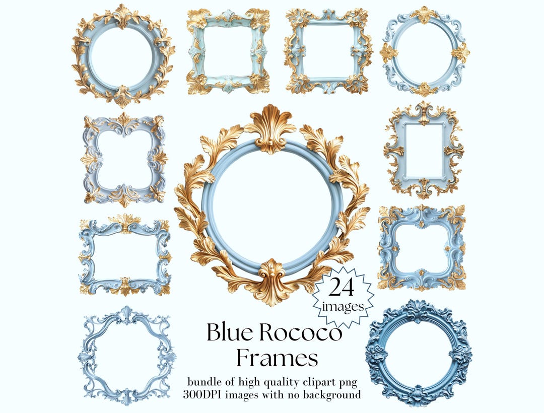 Vintage Blue Rococo Picture Frame Clipart Bundle – Antique Gold Baroque ...