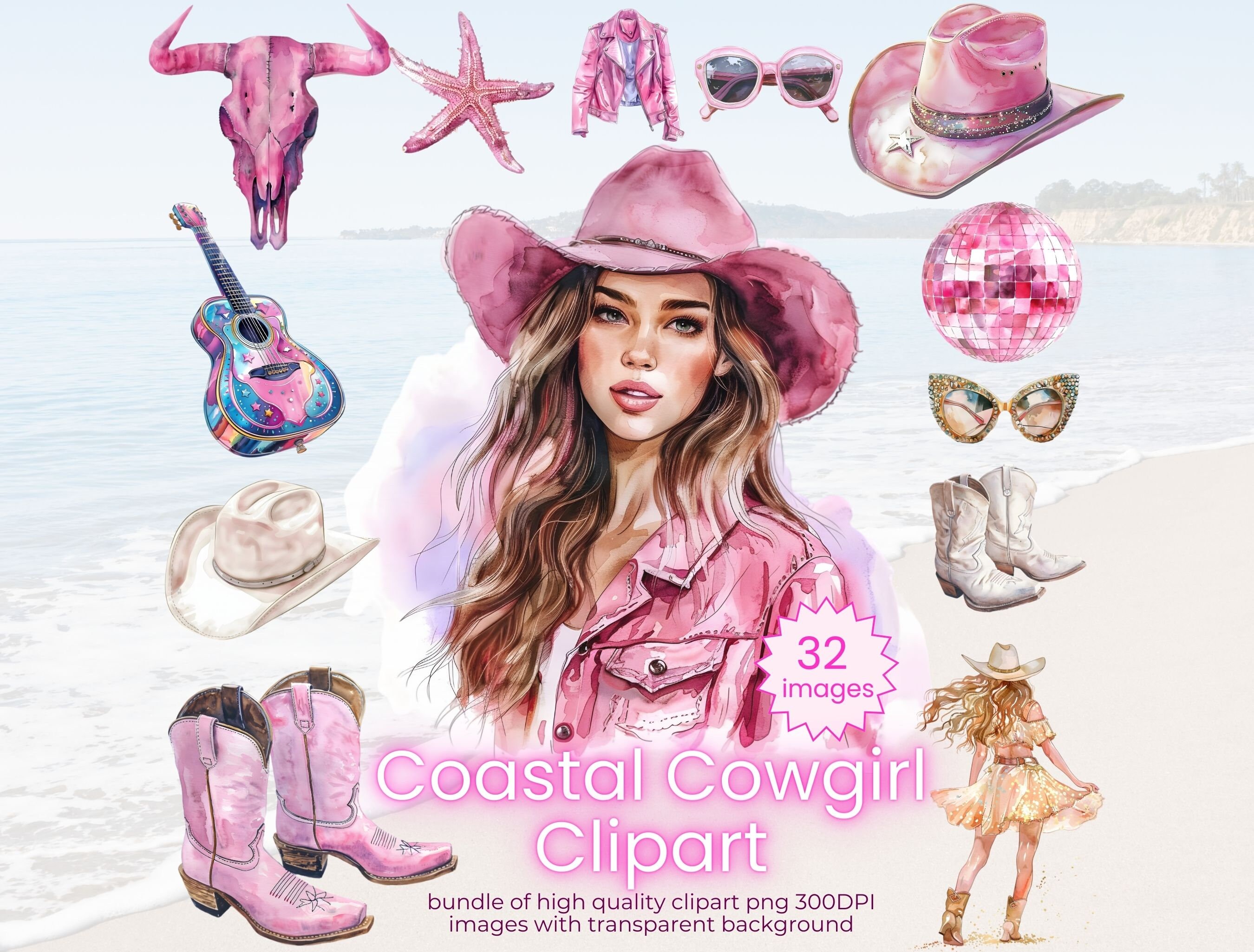 Pink Coastal Cowgirl Clipart I Set of 32 Images I Girly Clip Art Bundle ...