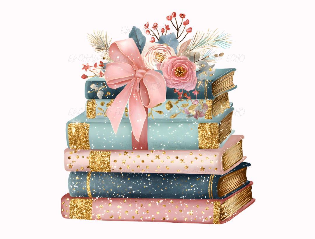 Floral Glitter Books PNG Pink Bow Book Stack Png Coquette Books Png ...