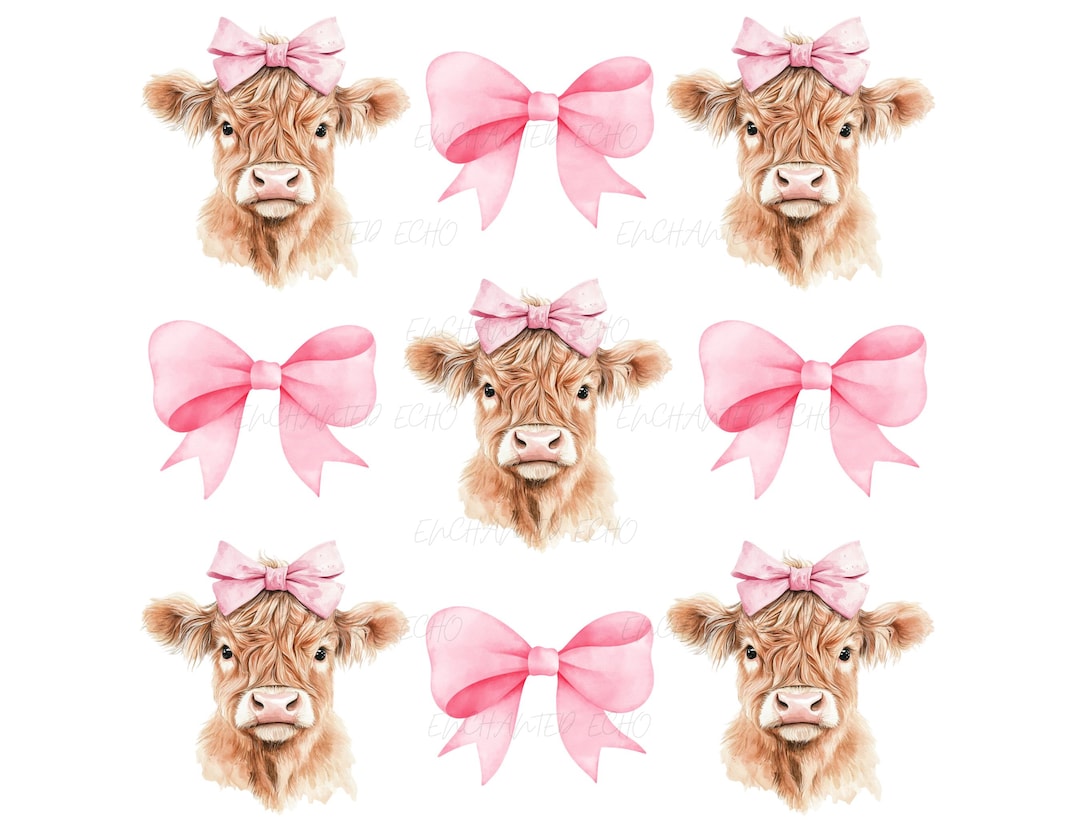 Pink Highland Cow Coquette Bows PNG, Baby Heifer Clipart, Cow Lover ...