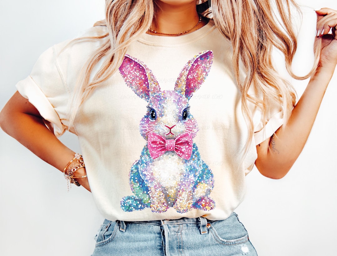 Glitter Rabbit Easter Graphic Png - Faux Sequin Easter Bunny Pink Bow ...