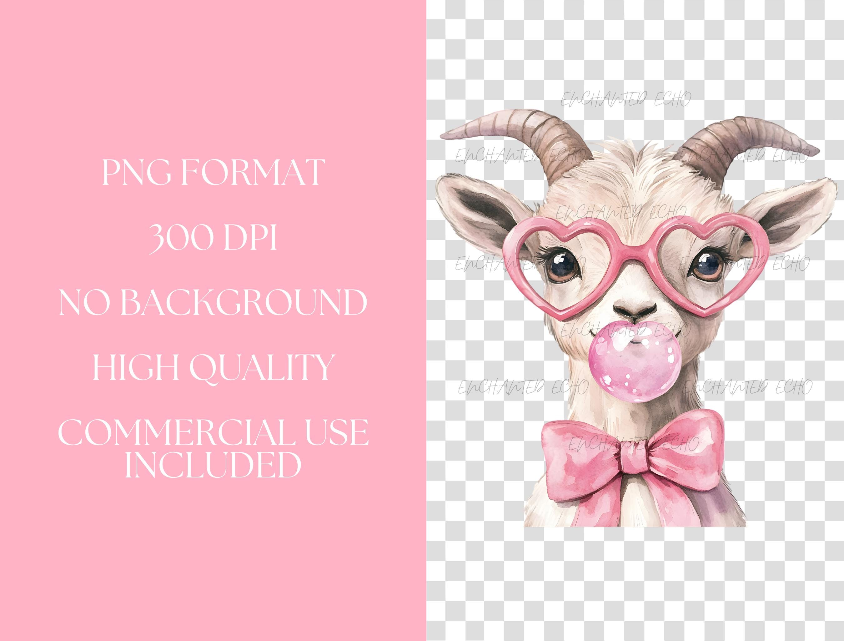 Goat Blowing Pink Bow Bubble Gum Clipart - Watercolor Funny Goat Heart ...